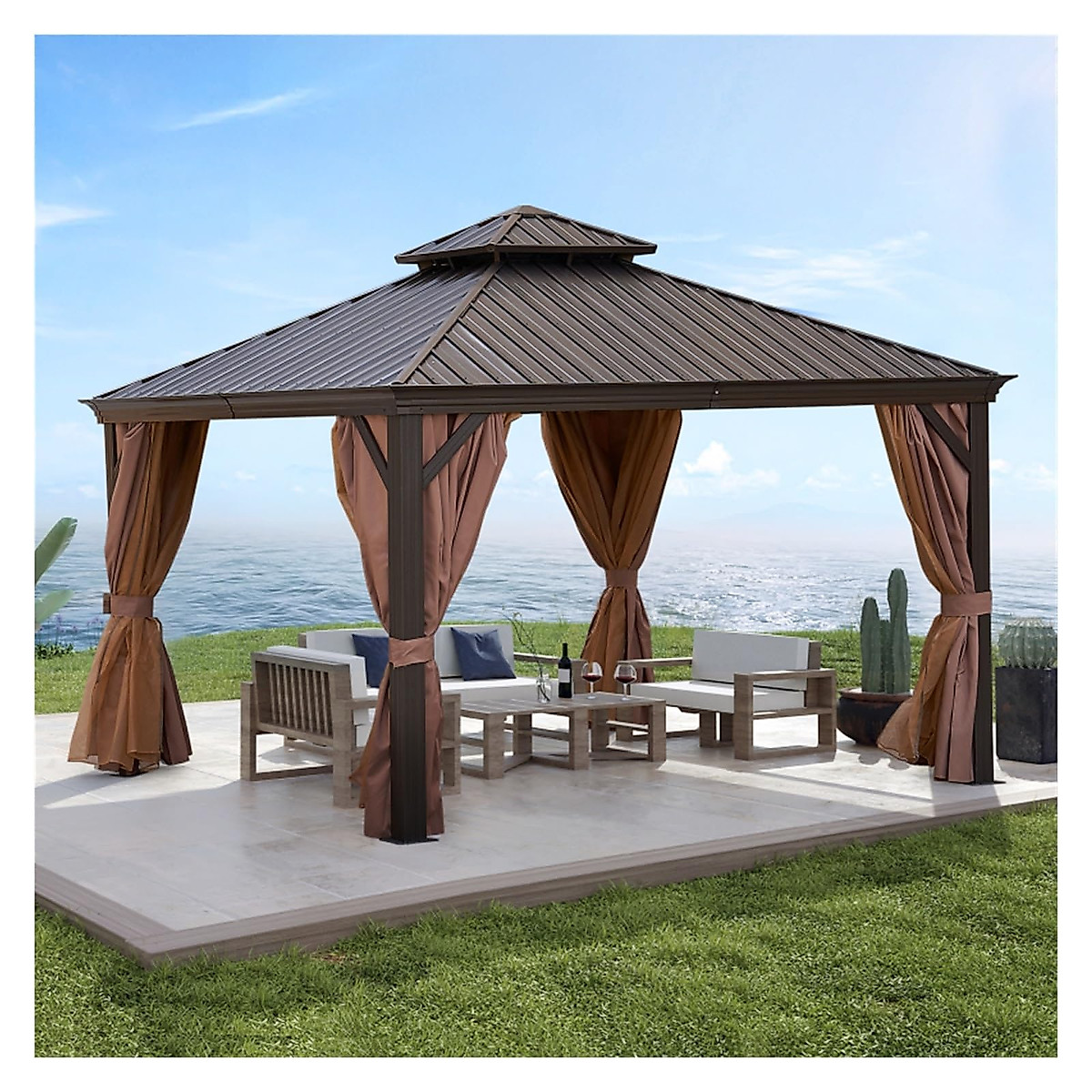 12 x 12FT Hardtop Gazebo - Outdoor Polycarbonate Double Roof Gazebo Canopy, Metal Frame Permanent Pavilion with Curtains and Netting for Garden Patio Backyard Party Deck Lawn
