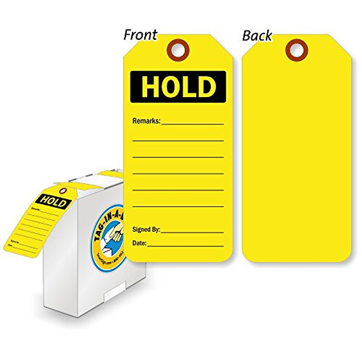 SmartSign Pack of 100 Hold Tags in Dispenser Box | 3" x 6.25" Fluorescent Cardstock, Tear Resistant Fiber Patch, Yellow