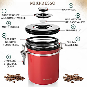 Mixpresso 16 Oz Coffee Canister Red, Stainless Steel Airtight Coffee Container, Ground Coffee Bean Storage with Date Tracker, Vacuum Sealed Espresso Airtight Container, Coffee Jar, Sugar Container