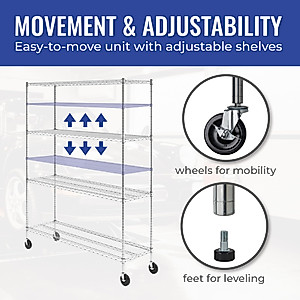 SafeRacks - NSF Certified Storage Shelves, Zinc, Heavy Duty Steel Wire Unit with Wheels and Adjustable Feet, Garage or Bakers Rack, Kitchen, Pantry Shelf - (18"x60"x72" 4-Tier) (Silver)