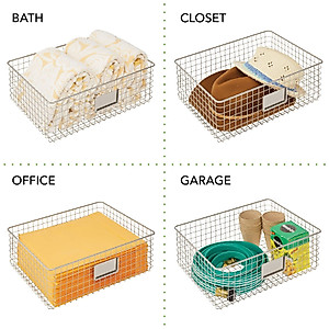 mDesign Wide Steel Wired Storage Organizer Bin Baskets with Label Slot for Kitchen Pantry, Cabinet, Organizing Holder for Food, Drinks, Snacks, Produce, Omaha Collection, 2 Pack, Satin