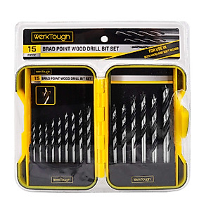 PowerTough 15Pcs Wood Drill Set Brad Point bit Set Drill bit Set Combo Drill Set in Nice Plastic Box