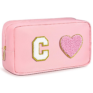 TOPEAST A-Z Personalized Makeup Bag, Chenille Letters Cosmetic Toiletry Bag | Nylon Cosmetic Pouch Bag | Portable Waterproof Travel Organizer Initial Preppy Makeup Pouch Teen Girl Gifts, Letter C