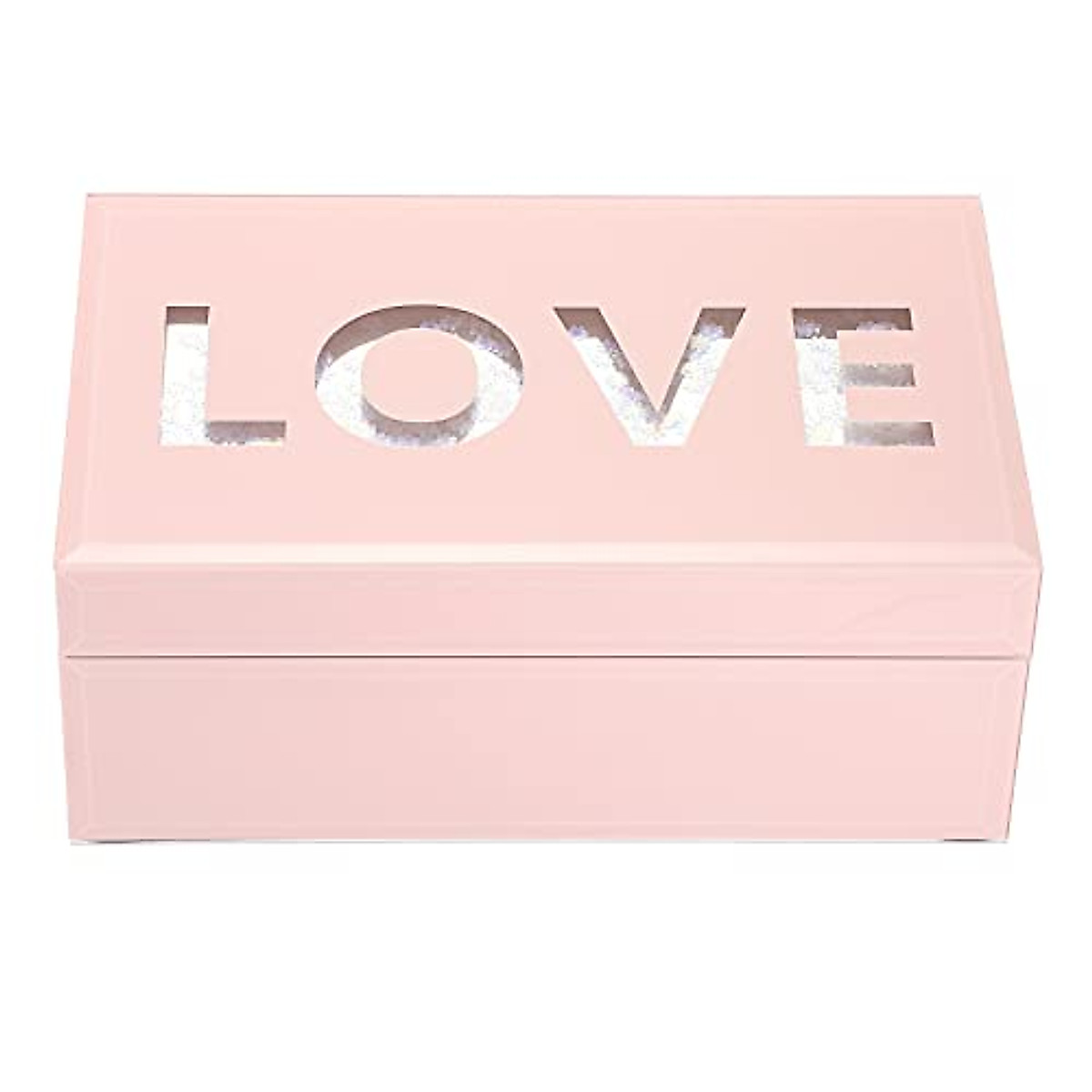 Hipiwe Glass Jewelry Box Trinket Organizer with Hollowed-out LOVE and Sequin Decor,Pink Jewelry Display Box Home Decorative Box Keepsake Gift Box for Women Girls