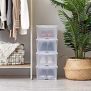 IRIS USA 2 Pack Shoe Storage Box, Clear Plastic Stackable Shoe Organizers for Closet, Space Saving Drop Front Sneaker Containers, Wide