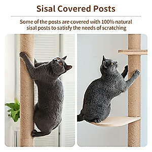 Wood Cat Tower Floor to Ceiling Adjustable, Cat Tree Tall Cat Scratching Post, Cat Wood Tree with 3-Tier Floor for Climb, Cat Climbing Tower Vertical with Natural Sisal Rope