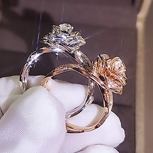 JESMING 3D Rose Ring CZ Simulated Diamond Ring Rose Gold Ring Rose Flower Ring for Women (Rose Gold,6)