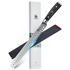 KYOKU 12" Slicing Knife, Samurai Series Brisket Knife for Meat Cutting with Pakkawood Handle, Japanese High Carbon Steel Meat Carving Knife for BBQ Brisket Turkey Ham Rib Roast Beef with Sheath & Case