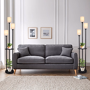 Stepeak Floor Lamp with Shelves, Modern Floor Lamps for Living Room, 3-Lights Standing Lamp with Linen Shade and Foot Switch, Industrial Standing Lamps for Bedroom, Black Tall Table Lamp for Office