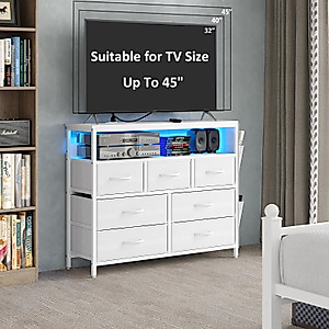 CollaredEagle 7 Drawer Dresser with Charging Station, TV Stand Fabric Storage Tower for Bedroom,Storage Drawers with LED, Wooden Top for TV up to 43 inch, for Bedroom, Living Room, Entryway, White