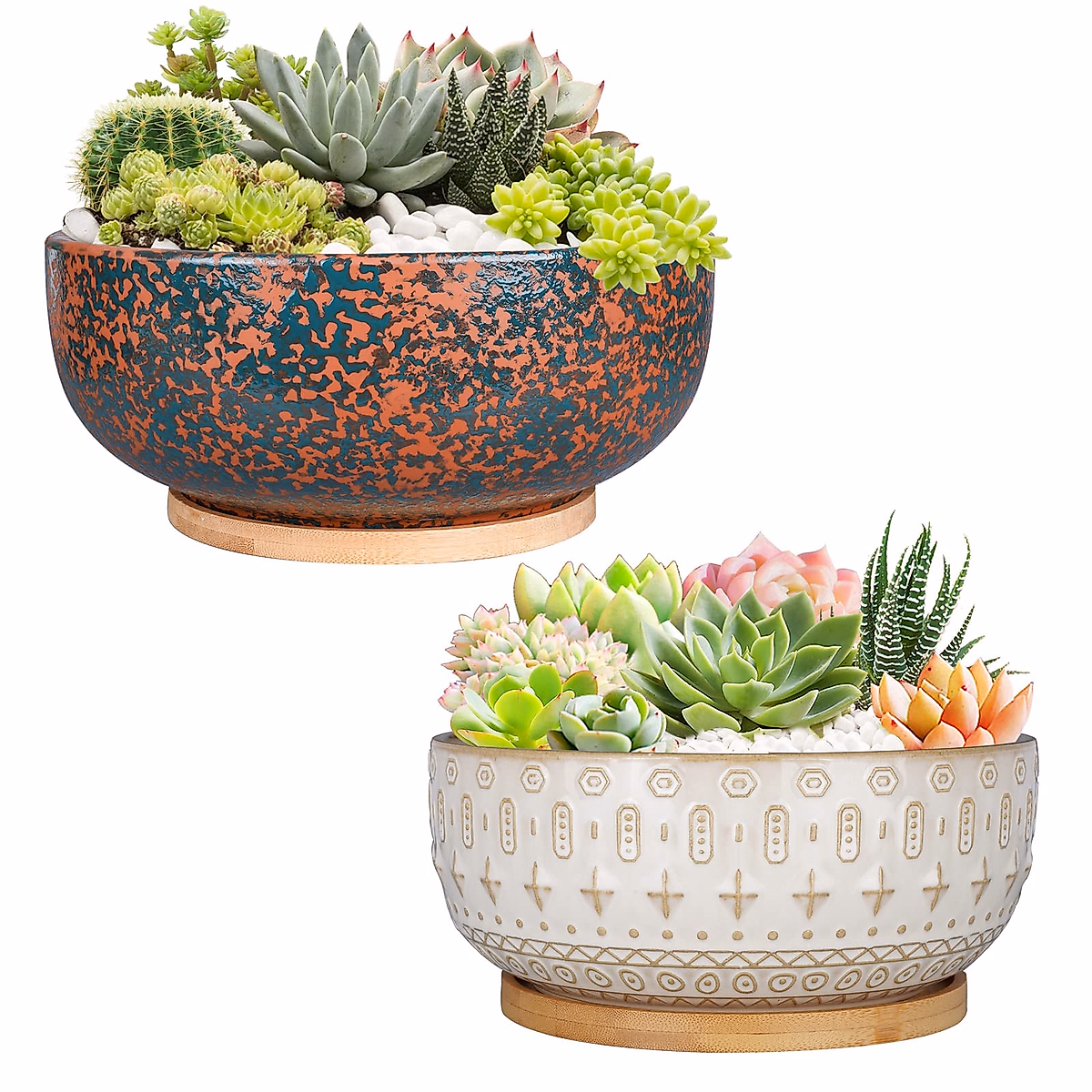 Fivepot 10+8 Inch Ceramic Succulent Planter Pots with Drainage Hole Clay Flower Pot for Indoor Plants Round Shallow Bonsai Pot with Bamboo Tray White