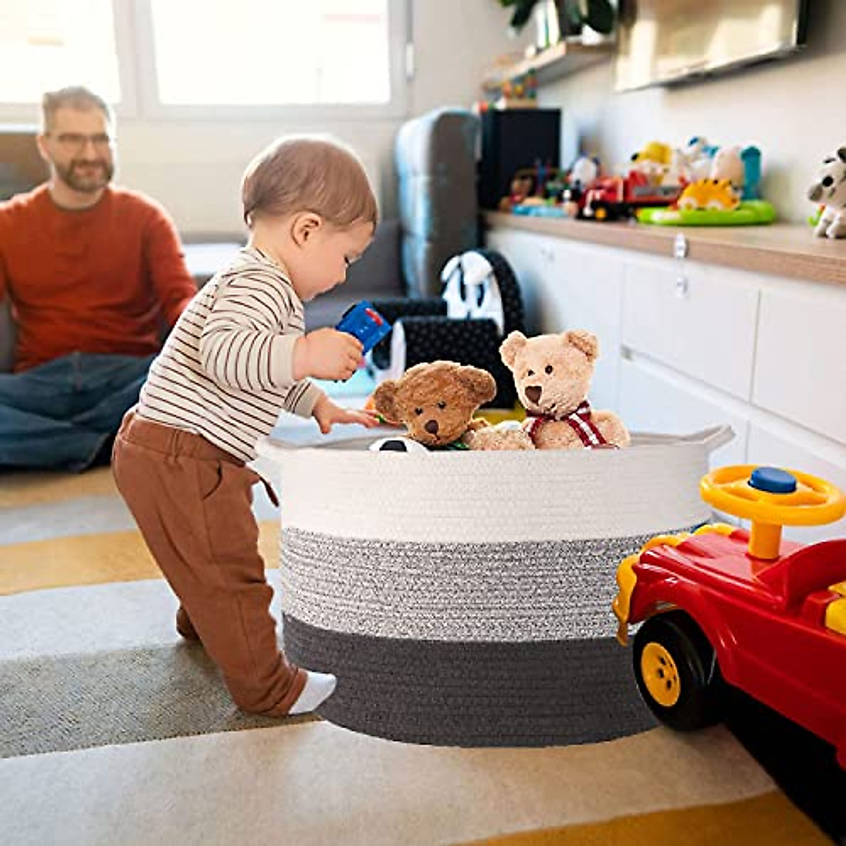 Blanket Basket for Living Room Large Cotton Rope Basket 21.7" x 21.7" x 13.8" Woven Laundry Basket Toy Storage Bins White Grey Black
