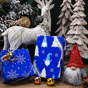LeZakaa Christmas Gift Wrapping Paper - 12 Folded Sheet with 4 Different Christmas Design in Blue (Snowflake, Tree, Reindeer, Gnome) - 27.5 x 19.6 inches Per Sheet