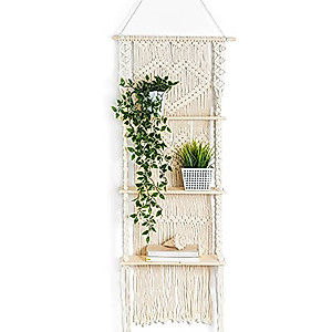 KALTEK Macrame Wall Hanging Shelf - 3 Tier Wall Shelves with Handmade Woven Macrame Rope - Boho Shelves Organizer Hanger for Kitchen, Bathroom, Home Storage, Floating Indoor Plant Wall Shelf