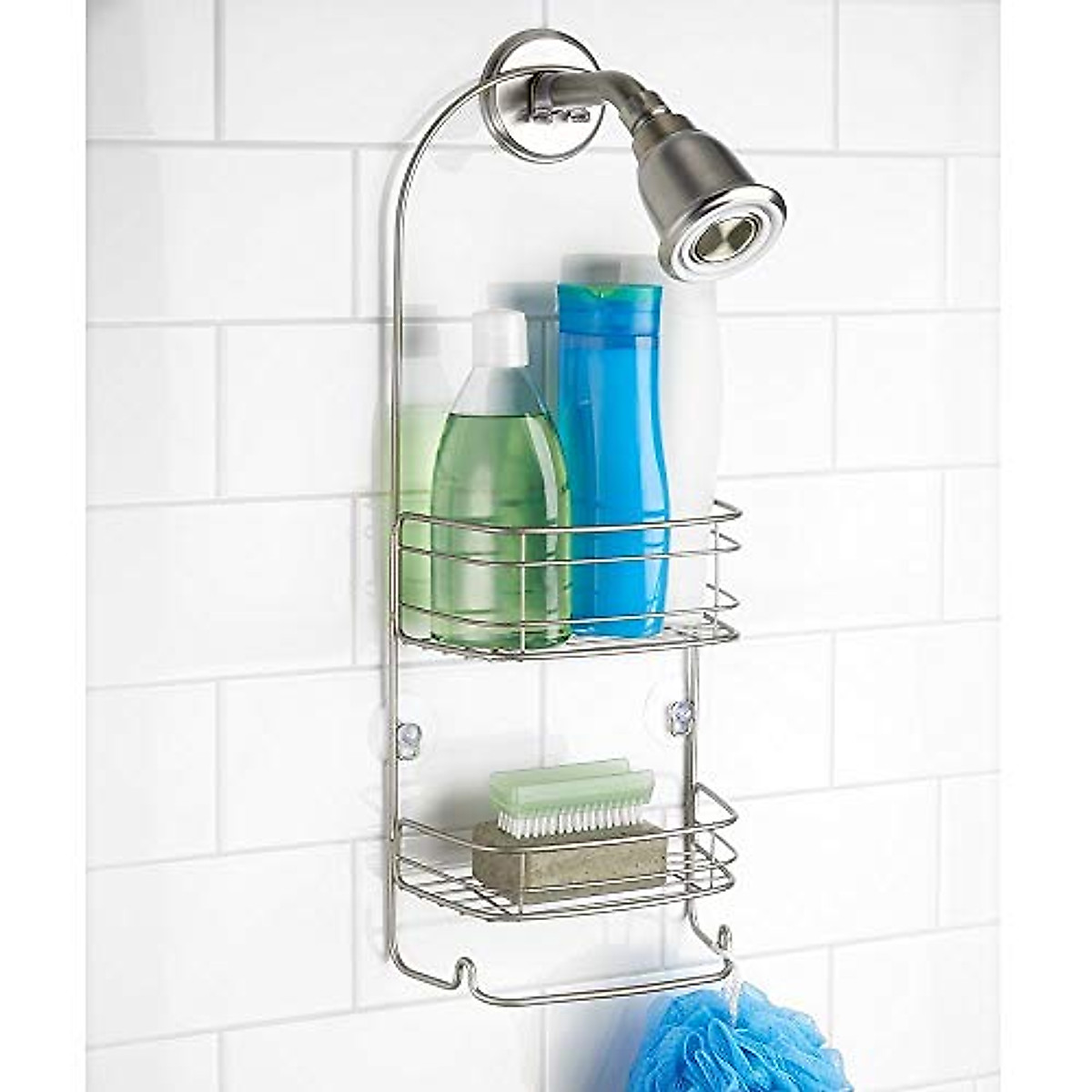 iDesign 58655 Rondo Metal Wire Hanging Shower Caddy, Baskets and Towel Bar for Shampoo, Conditioner, and Soap with Hooks for Razors, Towels, and More, 8.75" x 4" x 21" - Satin Silver