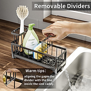 SWTYMIKI Sponge Holder for Kitchen Sink - Sink Caddy with Brush Holder Self-draining Kitchen Sponge Caddy Organizer with Divider Stainless Steel Sink Accessories Storage for Countertop, Black