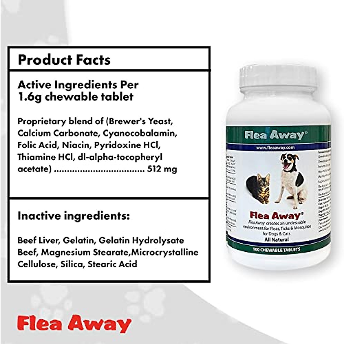 Flea Away All Natural Supplement for Fleas, Ticks, and Mosquitos Prevention for Dogs and Cats, 100 Chewable Treat Tablets, Single