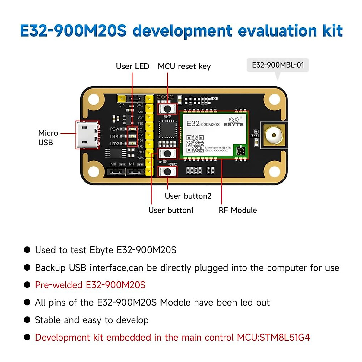 EBYTE SX1278 868MHz 915MHz Lora Test Board 20dbm E32-900MBL-01 USB Interface with Antenna and Power Supply