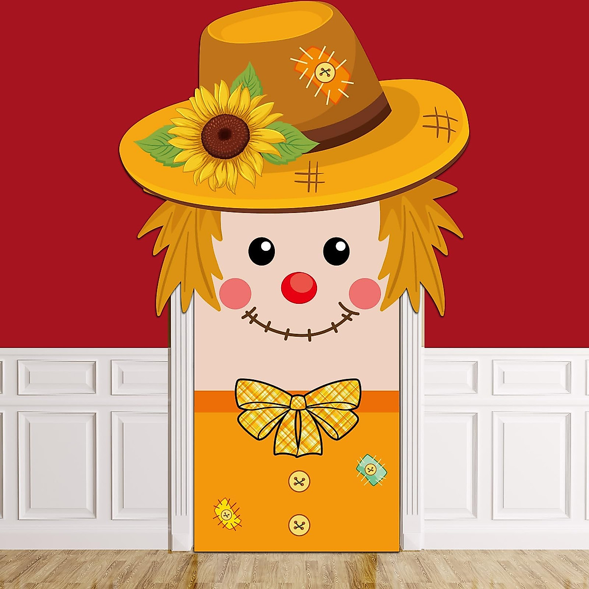 Thanksgiving Door Cover Fall Scarecrow Shape Door Decorations Harvest Autumn Door Backdrop Sunflower Scarecrow Banner Backdrop for Autumn Home Decor Fall Photo Booth Props