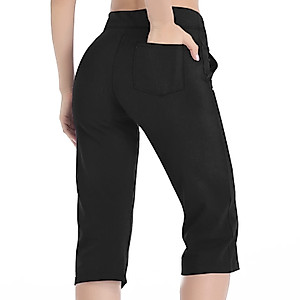 RIMLESS 7 Women's Capri Pants with Pockets Lounge Crop Yoga Pants Tummy Control Stretch Workout High Waist Athletic Pants P03-Black-L