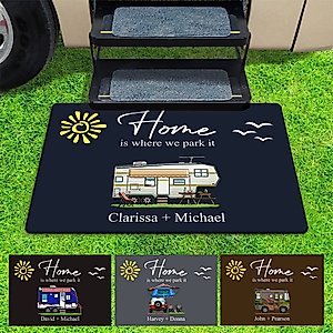 Personalized Home is Where We Park It Doormat Camping - Custom Family Name Camping Door Mat RV Accessories for Inside Outside, Campsite Decorations for Travel Trailers, Decorative Gift Motorhome Rugs