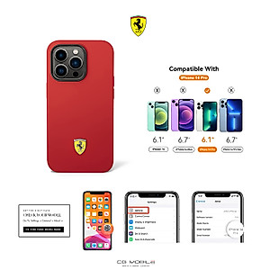 CG MOBILE Ferrari Phone Case for iPhone 14 Pro in Red with Black Camera Outline, Liquid Silicone Smooth & Anti-Scratch Protective Case with Easy Snap-on, Shock Absorption & Signature Logo