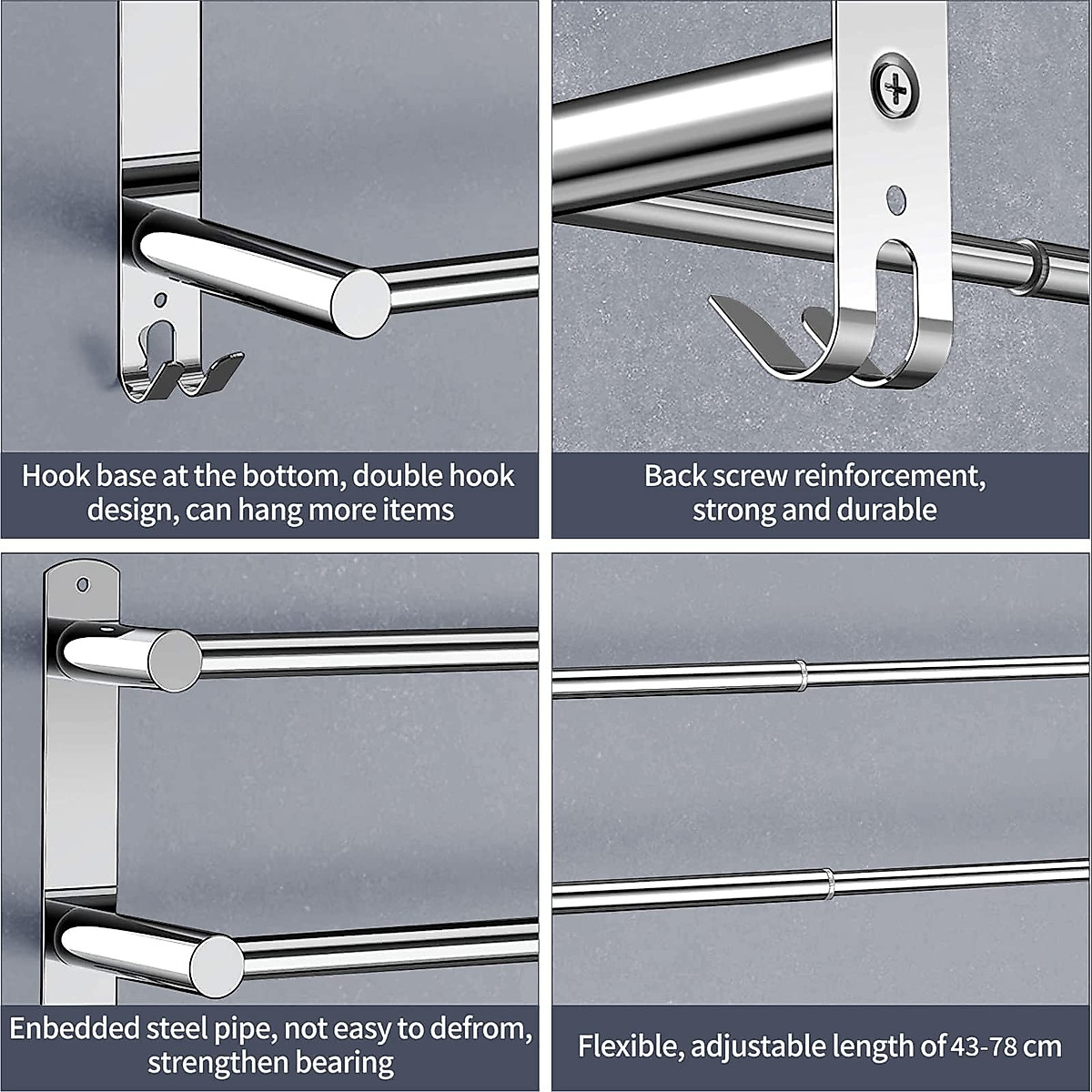 BIGLUFU Stretchable 17-31 Inches Double Bath Towel Bar Bathroom Towel Rack Hooks Kitchen Hand Towel Holder Dish Cloths Hanger SUS304 Stainless Steel Wall Mounted No Drill Space Saving 2-Bar Silver