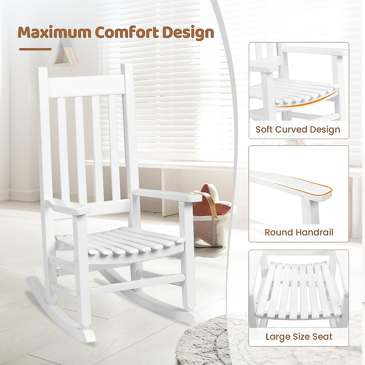 VINGLI Outdoor Child’s Rocking Chair, All Weather Wooden Rocking Chair with High Backrest, Patio Rocker for Garden, Yard, Balcony, Wooden Rocker for 3-9 Years Old, White