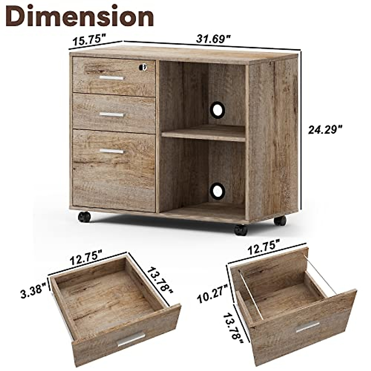 Maxtown Wood Filing Cabinet, Mobile Lateral Filing Cabinet with Lock, 3 Drawer Filing Cabinet with Open Storage Shelves, Printer Stand for Home Office, Walnut