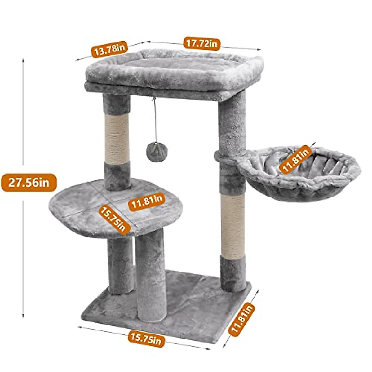 SYANDLVY Small Cat Tree for Indoor Cats, Modern Cat Tower with Scratching Post for Kittens, Climbing Stand with Basket & Hanging Ball for Play Rest