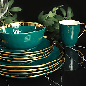 Stone Lain Porcelain 16 Piece Dinnerware Set, Service for 4, Green and Golden Rim