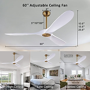 QUTWOB 60" Ceiling Fan with Remote Control No Lights,Modern Reversible DC Motor Indoor Outdoor 3 Blades Ceiling Fans for Patio Bedroom Living Room(Gold+White)