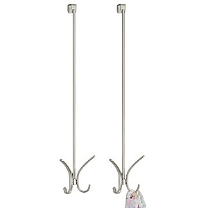 mDesign Modern Metal Long Easy Reach Over-the-Door 4 Prong Metal Storage Organizer Hook; Hang Jackets, Coats, Hoodies, Clothing, Hats, Scarves, Purses, Leashes, Robes, Towels, 24" Tall, 2 Pack - Satin