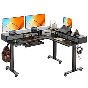Claiks Dual Motor 63" L Shaped Standing Desk with Drawers, Electric Standing Desk Adjustable Height, Corner Stand up Desk with Splice Board, Black Frame/Black Top