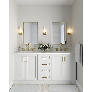ARIEL 73" White Double Vanity, 1.5" Edge Pure White Quartz Countertop & Splash, Rectangular Sink, 4 Soft Closing Doors, 6 Full Extension Dovetail Drawers, Toe Kick, Satin Brass