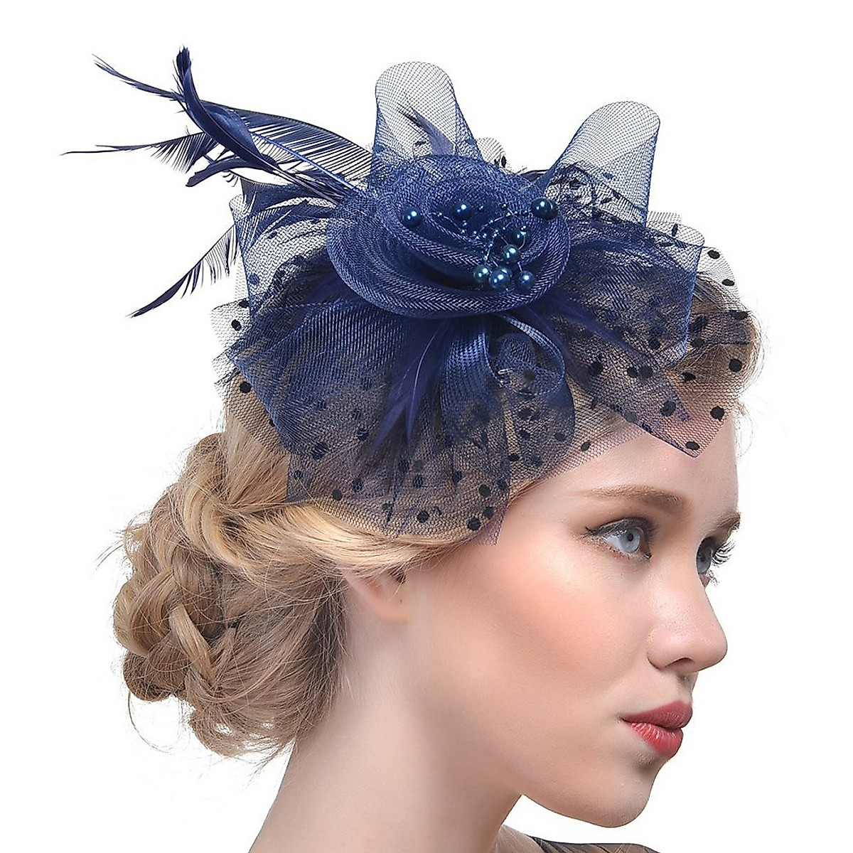 DRESHOW Fascinators Hat Flower Mesh Ribbons Feathers on a Headband and a Clip Tea Party Headwear for Girls and Women