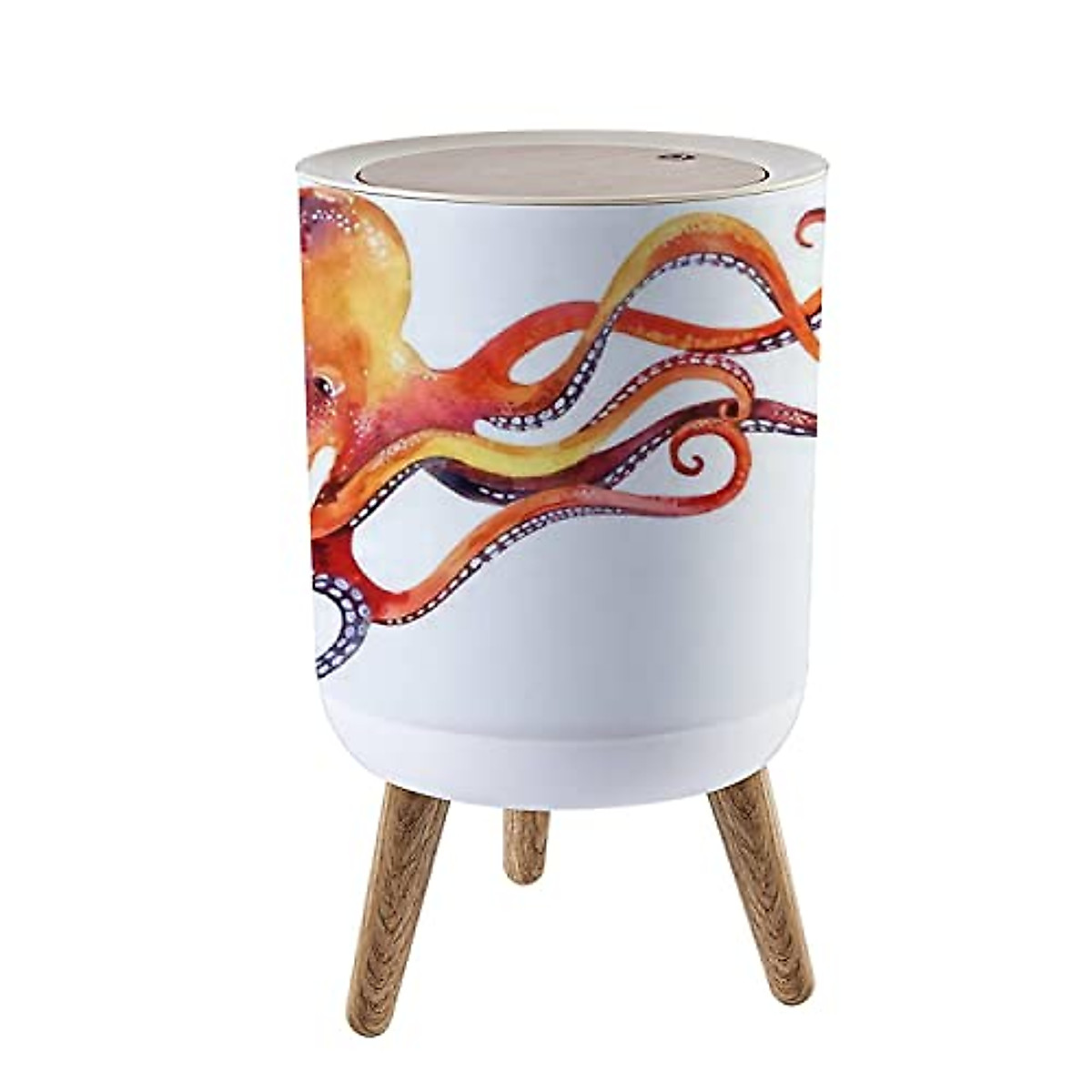 Trash Can with Lid Watercolor Octopus Hand Painted Press Cover Small Garbage Bin Round with Wooden Legs Waste Basket for Bathroom Kitchen Bedroom 7L/1.8 Gallon