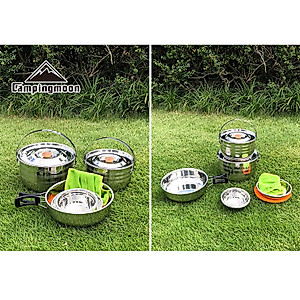 CAMPING MOON Cookware Set, 13PCS Stainless Steel Outdoor Camping Nesting Mess Kit Pots Pans, Magnetic Thick Bottom, Foldable Handle, Includes Storage Bag
