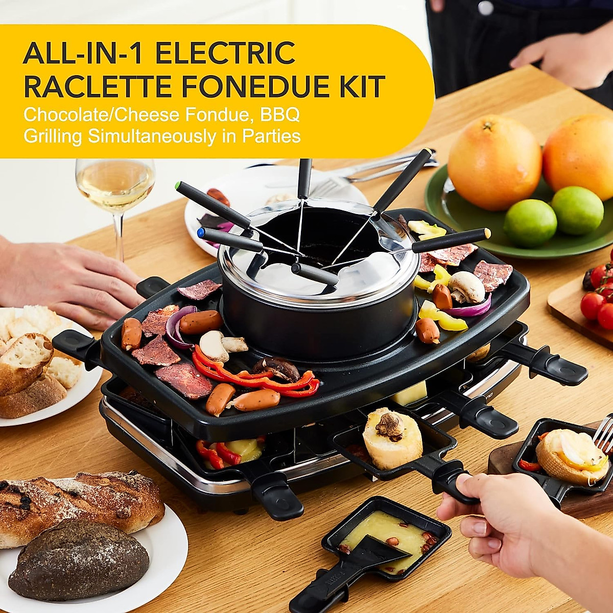 Befano 6-Cup Electric Cheese Fondue Pot, Combo with Raclette Machine for 8 People and Indoor Grill, Simple Adjustable Thermostats, Perfect for Parties and Family Fun
