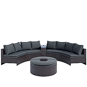 DHPM Patio Sectional 6-Piece Half-Moon Curved Outdoor Sofa, PE Wicker Conversation Furniture Set w Storage Side Umbrella and One Round Table, Brown+Gray