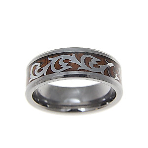 Arthur's Jewelry Genuine inlay Hawaiian koa wood shiny scroll band ring tungsten comfort fit 8mm size 9