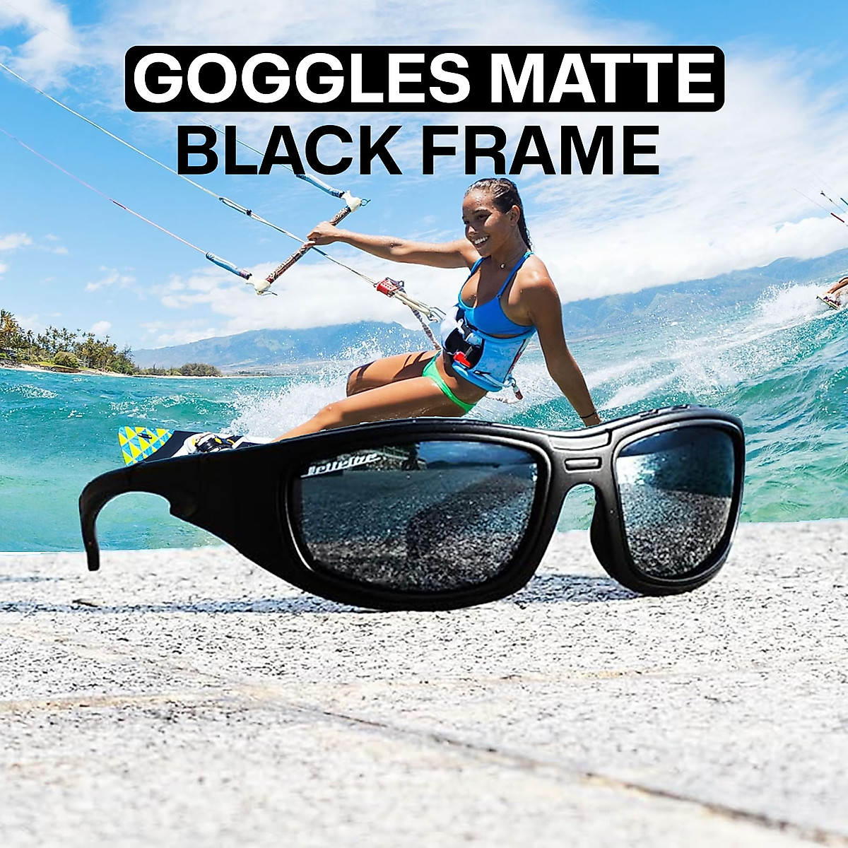 Stealth Hybrid Goggles Matte Black Frame/Smoke Sunglasses Floating Water Jet Ski Goggles Sport Designed for Kite Boarding, Surfer, Kayak, Jetskiing, other water sports.
