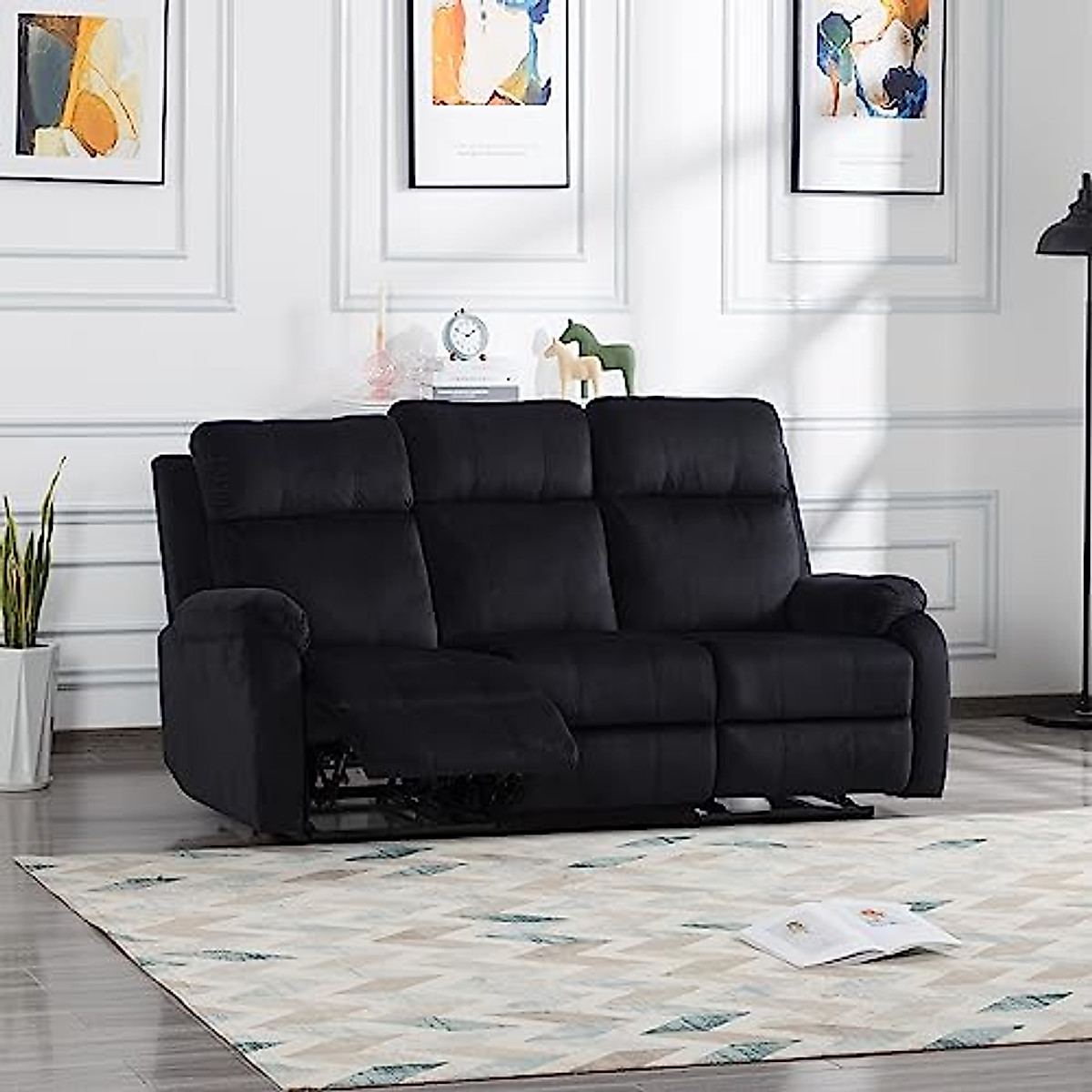 YUNLife&Home 3-Seat Velvet Upholstered Manual Wall Hugger Chair RV Sofa,Double Recliner Sectional Lounge Couch with Soft Padded Headrest&Pillow Top Armrest for Living Room/Apartment/Office/Theater