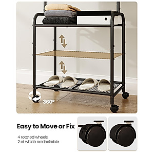 Hzuaneri Clothes Rack, Garment Rack with 2-Tier Storage Shelf, 2-In-1 Design, Clothing Rack with 4 Wheels, Metal Frame Shoe Rack, Coat Rack with 4 Hooks for Bags, 220 lb Max, Black GR07660B