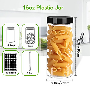 Keketin Plastic Jars with Lids 16 oz,16 Pack Clear Plastic Food Jars Empty Kitchen Storage Canisters,Refillable PET Slime Containers Ideal for DIY Crafts,Cosmetic Storage