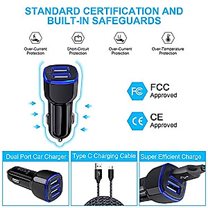 Car Charger for Samsung Galaxy A21 A11 A51 A20 A01 A10E A9 A50 A71 A12 A32 A52 A14 A13 A53 S23 S22 S21 S20 Ultra S10 S9 Note 20,LG Stylo 6/5,Pixel 7 6 5,Car Charger Adapter,Type C Fast Charging Cable