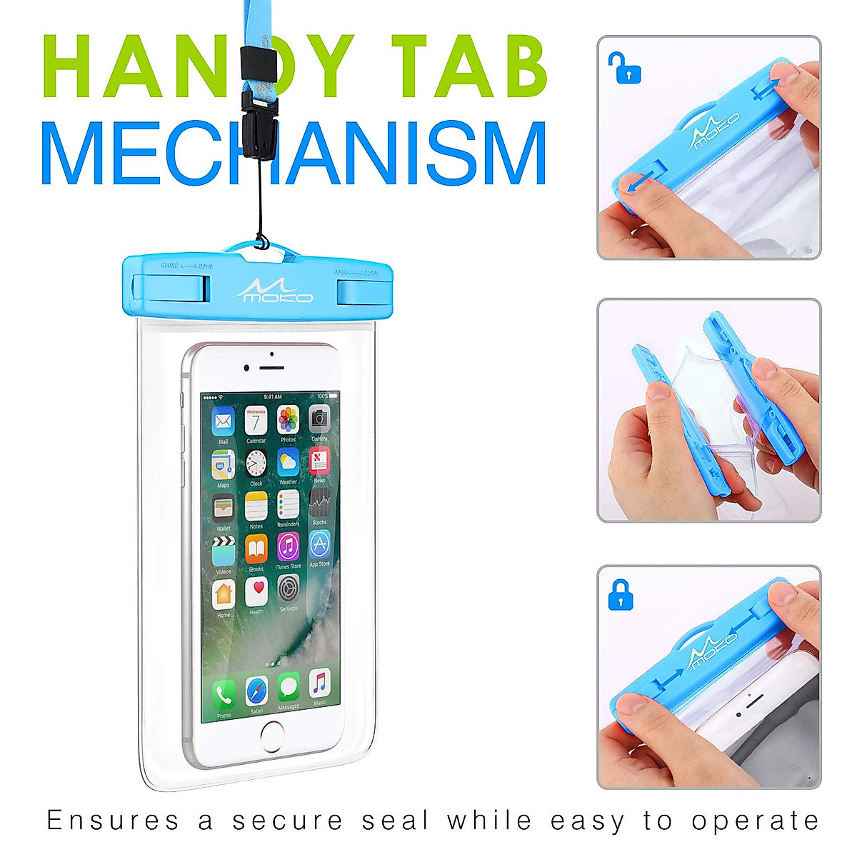 MoKo Waterproof Phone Pouch 4Pack, Underwater Phone Case Dry Bag with Lanyard Compatible with iPhone 14 13 12 11 Pro Max X/Xr/Xs Max/SE 3, Galaxy S21/S10/S9, Note 10/9/8, Black+Magenta+Blue+Purple