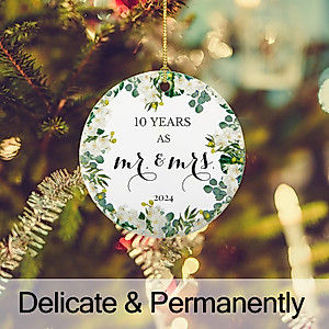 10 Year Anniversary Ornament 2024, 10th Anniversary Collectible Holiday Christmas Ornaments, 10 Year as Mr and Mrs Gift for Couple, 2.9" Ceramic 10th Wedding Anniversary Ornament