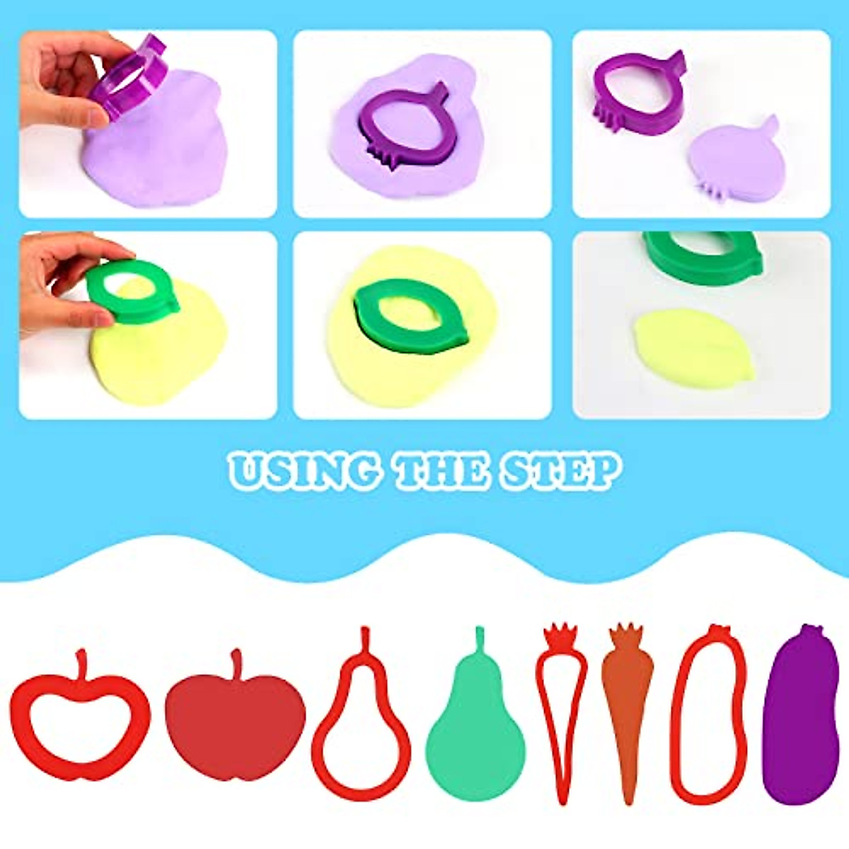 Oun Nana Play Dough Tools, 18 PCS Playdough Accessories Various Shape Fruit and Vegetable Molds, Playdough Rollers and Cutters(Random Color)