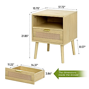 Smart FENDEE Rattan Nightstand, Boho Side Table with Drawer Open Shelf, Wood Accent Bedside End Table for Small Places, Bedroom, Natural Oak